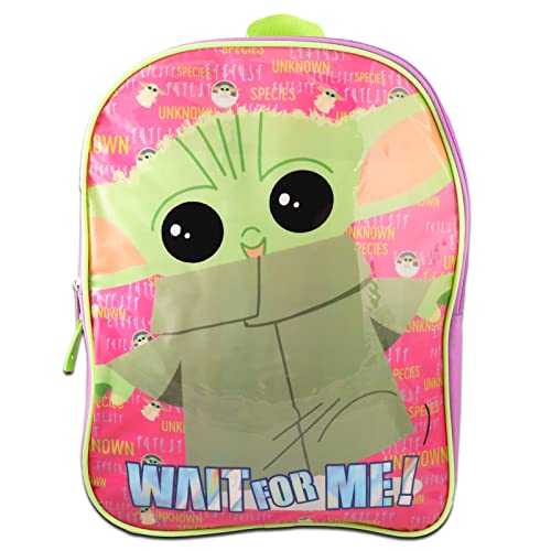 Baby Yoda Backpack for Girls, Kids - 4 Pc Bundle with 16" Pink Baby Yoda School Backpack, Mandalorian Stickers, Backpack Clip, and More (Star Wars School Supplies)