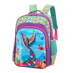 happysunny mermaid backpack for girls age 6-8 with reversible sequins 16 inch school bookbags for kids children 5-10 years old preschool elementary kindergarten with chest strap