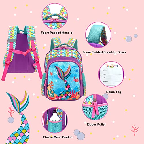 HAPPYSUNNY Mermaid Backpack for Girls Age 6-8 with Reversible Sequins 16 Inch School Bookbags for Kids Children 5-10 Years Old Preschool Elementary Kindergarten with Chest Strap