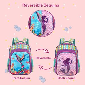 HAPPYSUNNY Mermaid Backpack for Girls Age 6-8 with Reversible Sequins 16 Inch School Bookbags for Kids Children 5-10 Years Old Preschool Elementary Kindergarten with Chest Strap