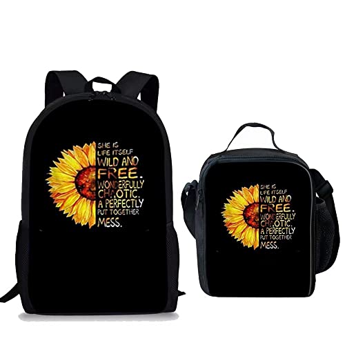 Sunflower Print Backpack Set Girls Casual School Bag Stylish Unique Daypack with Lunch Bag