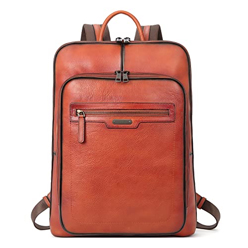 CLUCI Vegetable Tanned Full Grain Leather 15.6 inch Laptop Backpack Purse for Women Casual Daypack Travel Backpack Red-brown