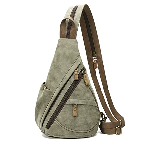 KL928 PU Leather Sling Bag - Small Crossbody Backpack Shoulder Casual Daypack Rucksack for Men Women Outdoor Cycling Hiking Travel (6881-PU-Olive Green)