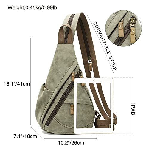 KL928 PU Leather Sling Bag - Small Crossbody Backpack Shoulder Casual Daypack Rucksack for Men Women Outdoor Cycling Hiking Travel (6881-PU-Olive Green)