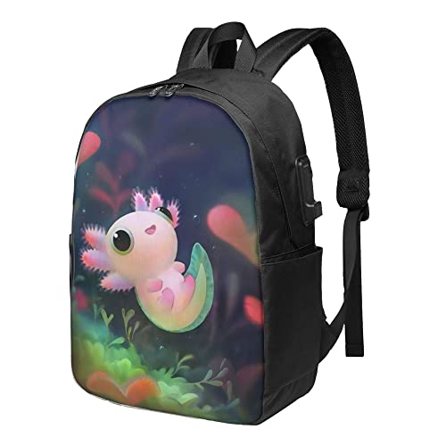 DICITNET Cute Axolotls Fish Backpacks 17 Inch Travel Laptop Backpack College BookBag for Men and Women with USB Charging Port for School, Outdoor Sports, Travel