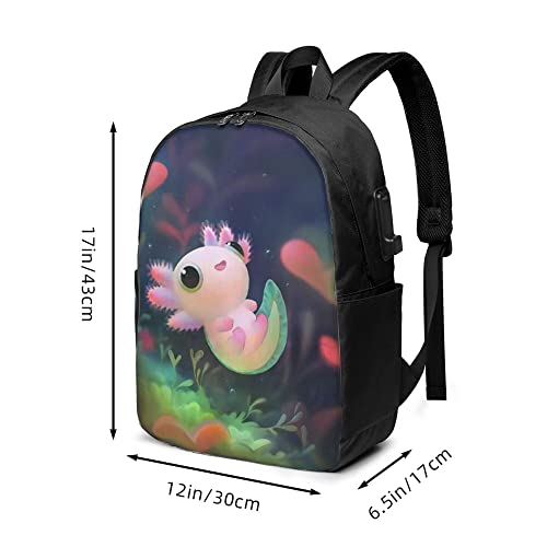 DICITNET Cute Axolotls Fish Backpacks 17 Inch Travel Laptop Backpack College BookBag for Men and Women with USB Charging Port for School, Outdoor Sports, Travel