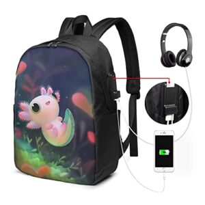 DICITNET Cute Axolotls Fish Backpacks 17 Inch Travel Laptop Backpack College BookBag for Men and Women with USB Charging Port for School, Outdoor Sports, Travel