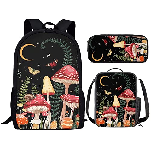 Showudesigns Mushroom Backpack for Girls Bookbag, Moon Star School Bags Purse for Teens Women College Students Lunch Bag Pencil Box Set Butterfly Daypack Rucksack