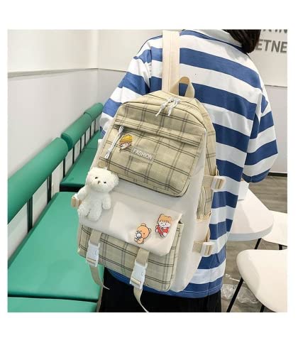 Mordelar 5Pcs Canvas School Backpack Combo Set with Kawaii Bear Pendant Cute Pins Plaid Check Handle Shoulder Tote Bag Schoolbag (Khaki)