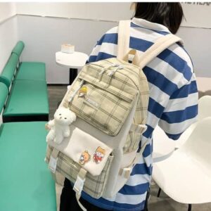 Mordelar 5Pcs Canvas School Backpack Combo Set with Kawaii Bear Pendant Cute Pins Plaid Check Handle Shoulder Tote Bag Schoolbag (Khaki)