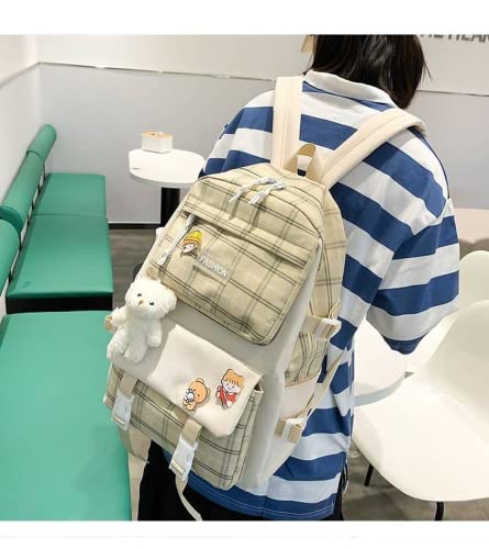 Mordelar 5Pcs Canvas School Backpack Combo Set with Kawaii Bear Pendant Cute Pins Plaid Check Handle Shoulder Tote Bag Schoolbag (Khaki)