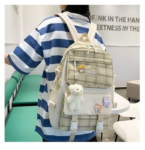 Mordelar 5Pcs Canvas School Backpack Combo Set with Kawaii Bear Pendant Cute Pins Plaid Check Handle Shoulder Tote Bag Schoolbag (Khaki)