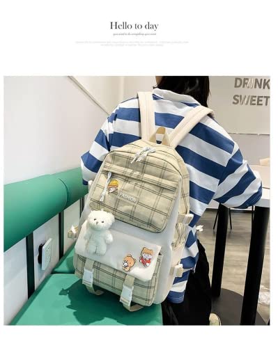 Mordelar 5Pcs Canvas School Backpack Combo Set with Kawaii Bear Pendant Cute Pins Plaid Check Handle Shoulder Tote Bag Schoolbag (Khaki)