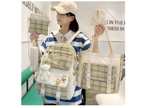 Mordelar 5Pcs Canvas School Backpack Combo Set with Kawaii Bear Pendant Cute Pins Plaid Check Handle Shoulder Tote Bag Schoolbag (Khaki)