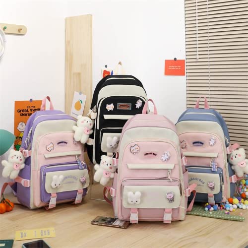 Mordelar 5Pcs Kawaii Cute Backpacks Combo Set with Bear Pendant & Pins - Back To School Supplies Patchwork Bunny Daypack Bag Kit (Pink)