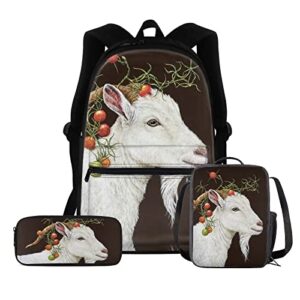 wellflyhom kids goat backpack for school girls bookbag with lunch box pencil case elementary/middle school bag rucksack animals bagpack shoulder bag for boys teens daypack for daycare