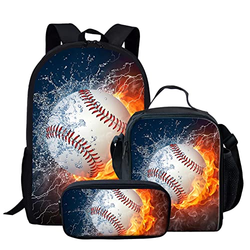 Baxinh Teen Boys Girls Backpack Set School Bag Bookbag with Lunch Box Pen Case 3 Pcs, Baseball Water Fire Lightning