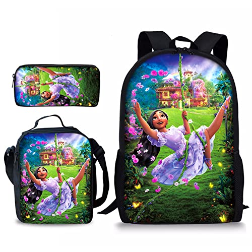 Farisod Encanto Backpacks for Girls School Backpack with Lunch Box Set School Bags Student Bookbag Backpacks for Girls Teens 3PCS