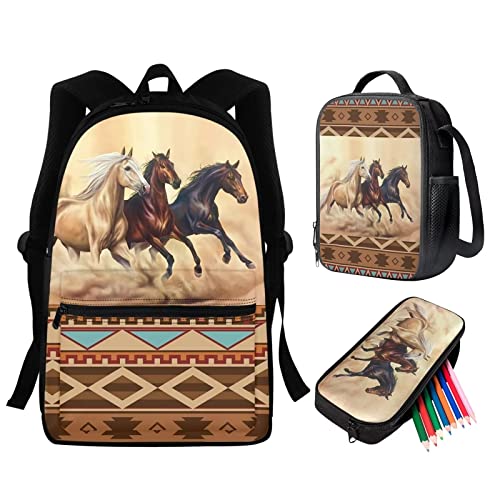 HUIACONG Aztec Western Horse School Backpack Set Purse for Girls Kids School Bag with Lunch Box Pencil Case Elementary Primary Bookbag Large Capacity High Schoolbags Satchel