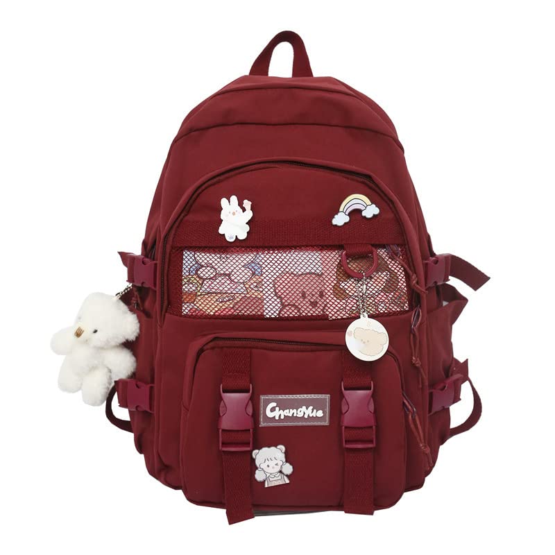 FOMEEX Kawaii Backpack with Pins Bear Pendant Cute Aesthetic Japanese School Bags Kawaii School Supplies Preppy Korean Stationary (Wein Red), One Size