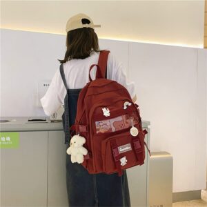 FOMEEX Kawaii Backpack with Pins Bear Pendant Cute Aesthetic Japanese School Bags Kawaii School Supplies Preppy Korean Stationary (Wein Red), One Size