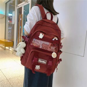 FOMEEX Kawaii Backpack with Pins Bear Pendant Cute Aesthetic Japanese School Bags Kawaii School Supplies Preppy Korean Stationary (Wein Red), One Size