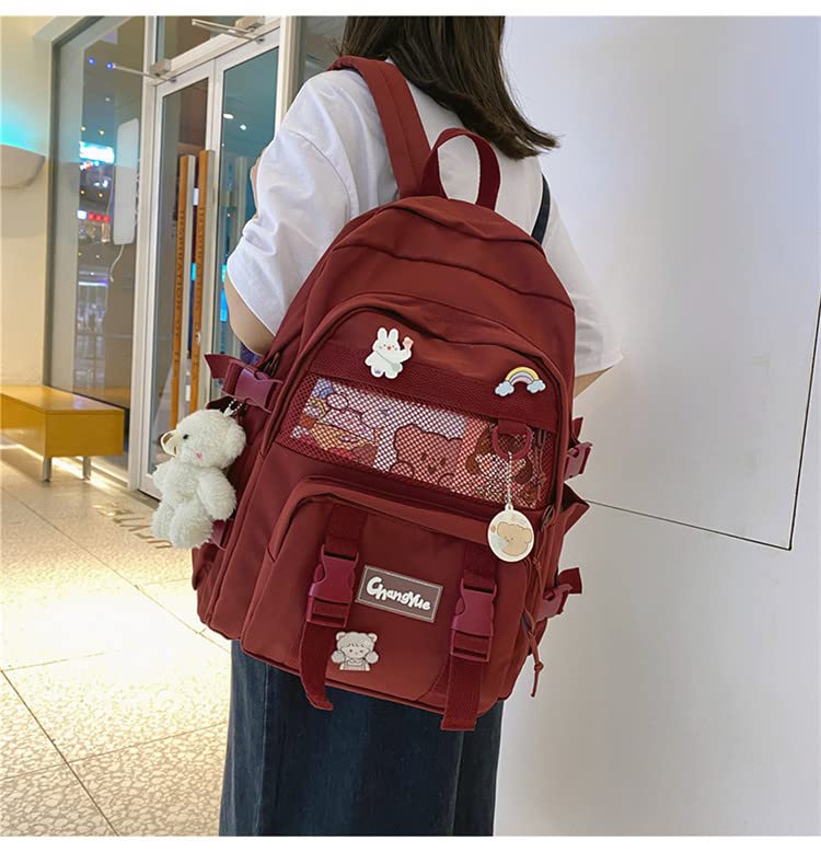 FOMEEX Kawaii Backpack with Pins Bear Pendant Cute Aesthetic Japanese School Bags Kawaii School Supplies Preppy Korean Stationary (Wein Red), One Size