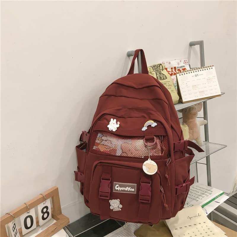 FOMEEX Kawaii Backpack with Pins Bear Pendant Cute Aesthetic Japanese School Bags Kawaii School Supplies Preppy Korean Stationary (Wein Red), One Size