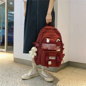 FOMEEX Kawaii Backpack with Pins Bear Pendant Cute Aesthetic Japanese School Bags Kawaii School Supplies Preppy Korean Stationary (Wein Red), One Size