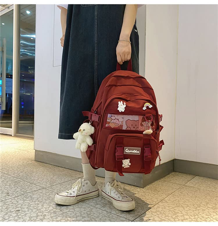 FOMEEX Kawaii Backpack with Pins Bear Pendant Cute Aesthetic Japanese School Bags Kawaii School Supplies Preppy Korean Stationary (Wein Red), One Size