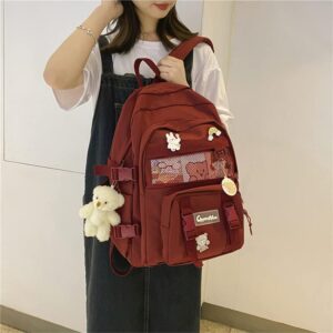 FOMEEX Kawaii Backpack with Pins Bear Pendant Cute Aesthetic Japanese School Bags Kawaii School Supplies Preppy Korean Stationary (Wein Red), One Size