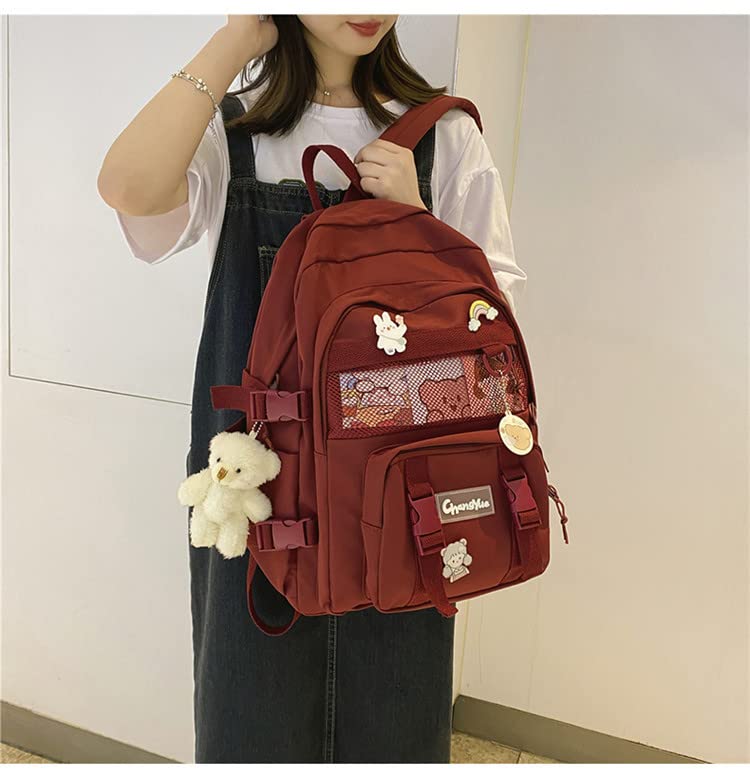 FOMEEX Kawaii Backpack with Pins Bear Pendant Cute Aesthetic Japanese School Bags Kawaii School Supplies Preppy Korean Stationary (Wein Red), One Size