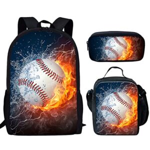 toaddmos fire water baseball kids backpacks boys school bookbags large capacity preschool bookbag set with lunch box and pencil case, children school bag set