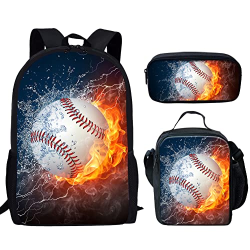 TOADDMOS Fire Water Baseball Kids Backpacks Boys School Bookbags Large Capacity Preschool Bookbag Set with Lunch Box and Pencil Case, Children School Bag Set