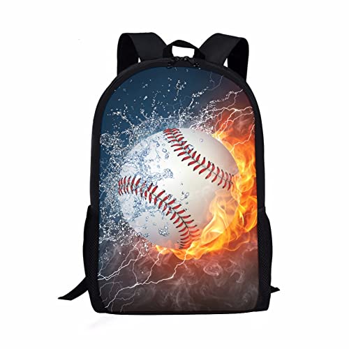 TOADDMOS Fire Water Baseball Kids Backpacks Boys School Bookbags Large Capacity Preschool Bookbag Set with Lunch Box and Pencil Case, Children School Bag Set