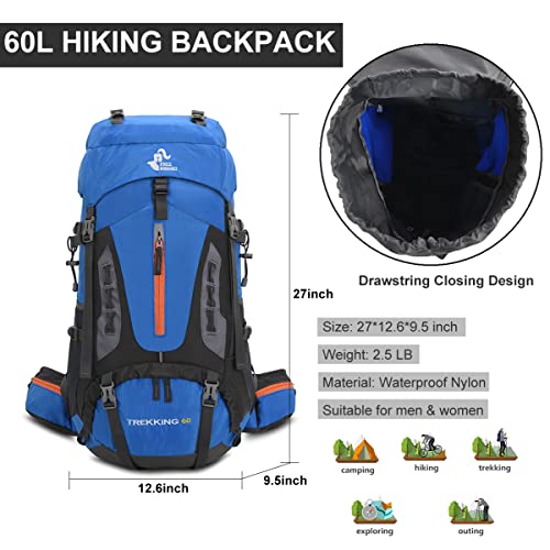 King'sGuard 60L Hiking Backpack Men Women Camping Backpack Waterproof Backpacking Mountaineering Climbing Daypack with Rain Cover (Blue)