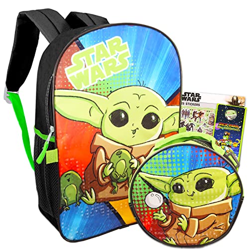 Star Wars Backpack for Boys 8-12 - Bundle with 16” Mandalorian Backpack, Baby Yoda Lunch Box, Stickers | Star Wars School Backpack for Boys