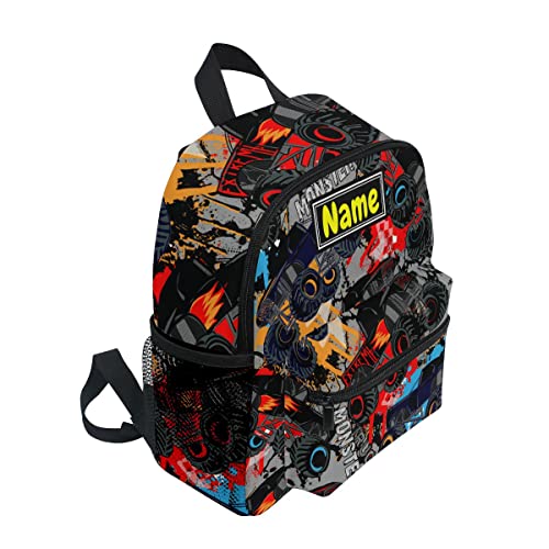 Glaphy Custom Kids Backpack for Boys Girls, Monster Truck Camo Toddler Backpack Kindergarten Elementary, Personalized Name Preschool Bookbag with Chest Strap