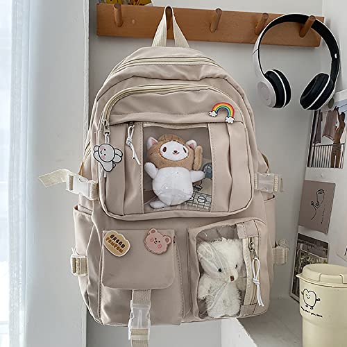 Bersauji Kawaii Backpack with Badge Pins Cute Animal Keychain Aesthetic Backpack for Girls Large Capacity School Backpack