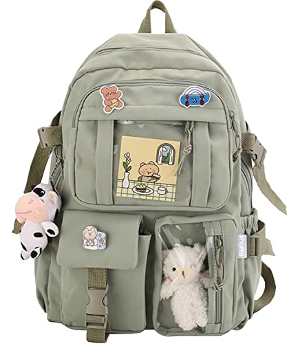 Stylifeo Kawaii Backpack with Cute Bear Plush Kawaii Pin Accessories Large Capacity Aesthetic School Bags Cute Bookbag for Girls Teen(Green)