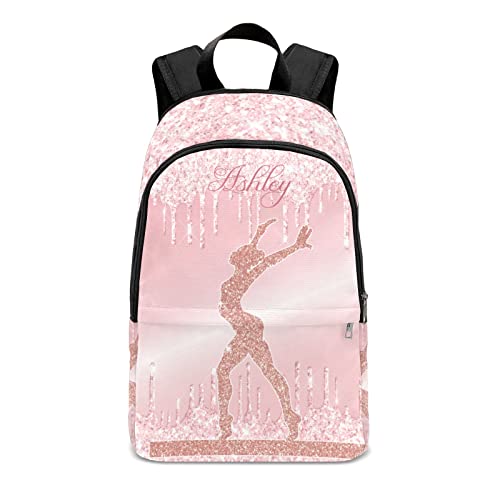 Urcustom Personalized Name Pink Glitter Print Girls Gymnastics Backpack Unisex Bookbag for Boy Girl Travel Daypack Bag Purse 17.7 IN