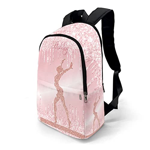 Urcustom Personalized Name Pink Glitter Print Girls Gymnastics Backpack Unisex Bookbag for Boy Girl Travel Daypack Bag Purse 17.7 IN