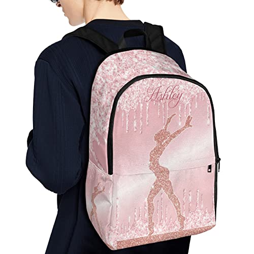 Urcustom Personalized Name Pink Glitter Print Girls Gymnastics Backpack Unisex Bookbag for Boy Girl Travel Daypack Bag Purse 17.7 IN