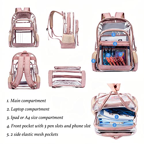 SOFARA 2pcs Clear Backpack for School Stadium Approved Transparent Bookbag See Through Student Teen (Rose Gold)