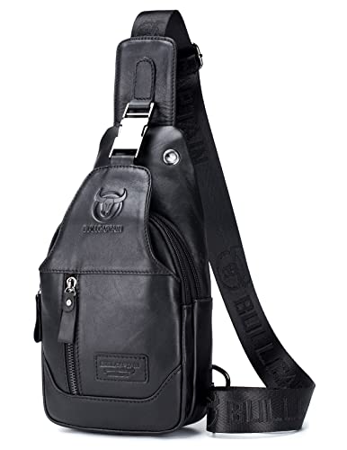 BULLCAPTAIN Genuine Leather Sling Chest Bag Multi-pockets Men Crossbody Bag Travel Casual Small Shoulder Backpack (Black)