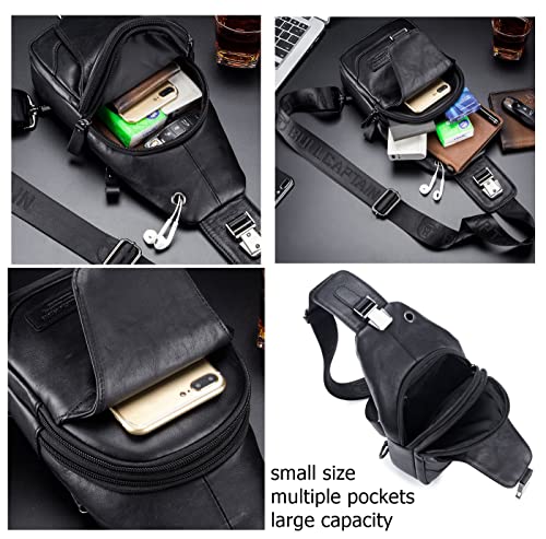 BULLCAPTAIN Genuine Leather Sling Chest Bag Multi-pockets Men Crossbody Bag Travel Casual Small Shoulder Backpack (Black)