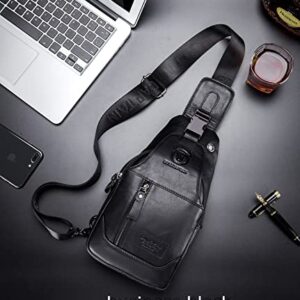 BULLCAPTAIN Genuine Leather Sling Chest Bag Multi-pockets Men Crossbody Bag Travel Casual Small Shoulder Backpack (Black)