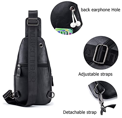 BULLCAPTAIN Genuine Leather Sling Chest Bag Multi-pockets Men Crossbody Bag Travel Casual Small Shoulder Backpack (Black)