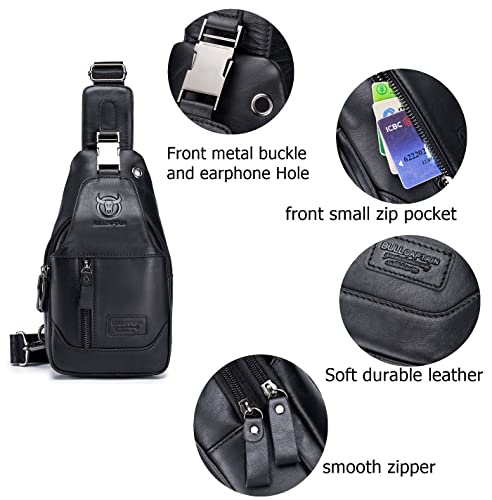 BULLCAPTAIN Genuine Leather Sling Chest Bag Multi-pockets Men Crossbody Bag Travel Casual Small Shoulder Backpack (Black)