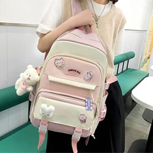 LaurelTree Kawaii Aesthetic Cute 5pcs School Bags Set with Accessories School Suppliers for Teens Girls Backpack Tote Bag (Pink)